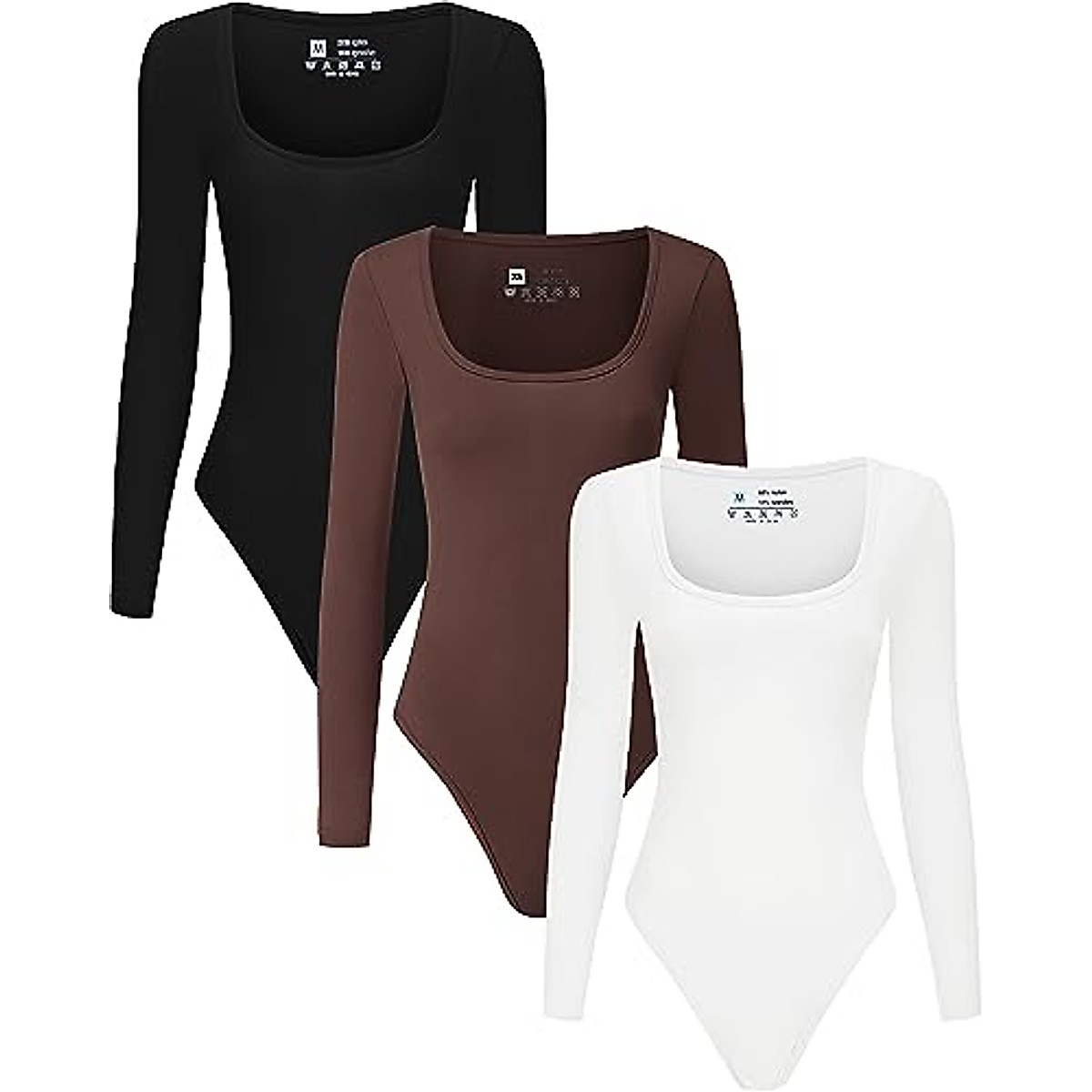 Chongbaijia 3 Piece Women's Square Neck Long Sleeve Bodysuit T shirts Body Suit Tops
