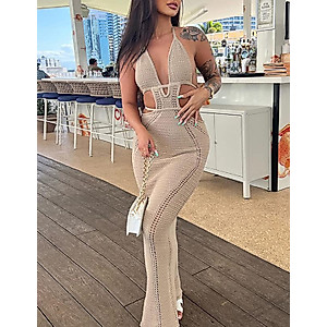 NUFIWI Sleeveless Backless Maxi Dress Open Back Slim Fit Long Dress Cut Out Bodycon Cocktail Dress Going Out Wear