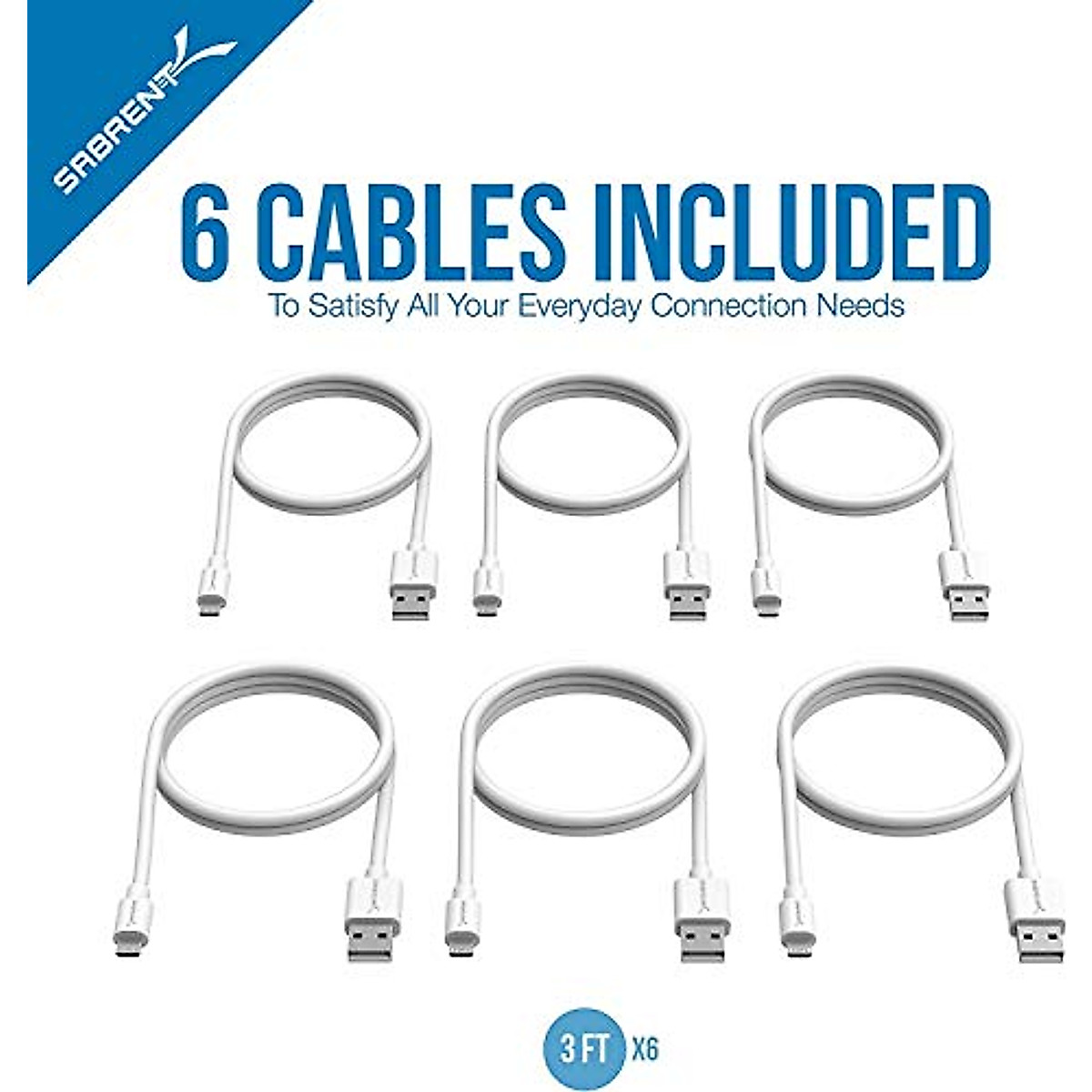SABRENT [6-Pack 22AWG Premium 3ft Micro USB Cables High Speed USB 2.0 A Male to Micro B Sync and Charge Cables [White] (CB-M63W)