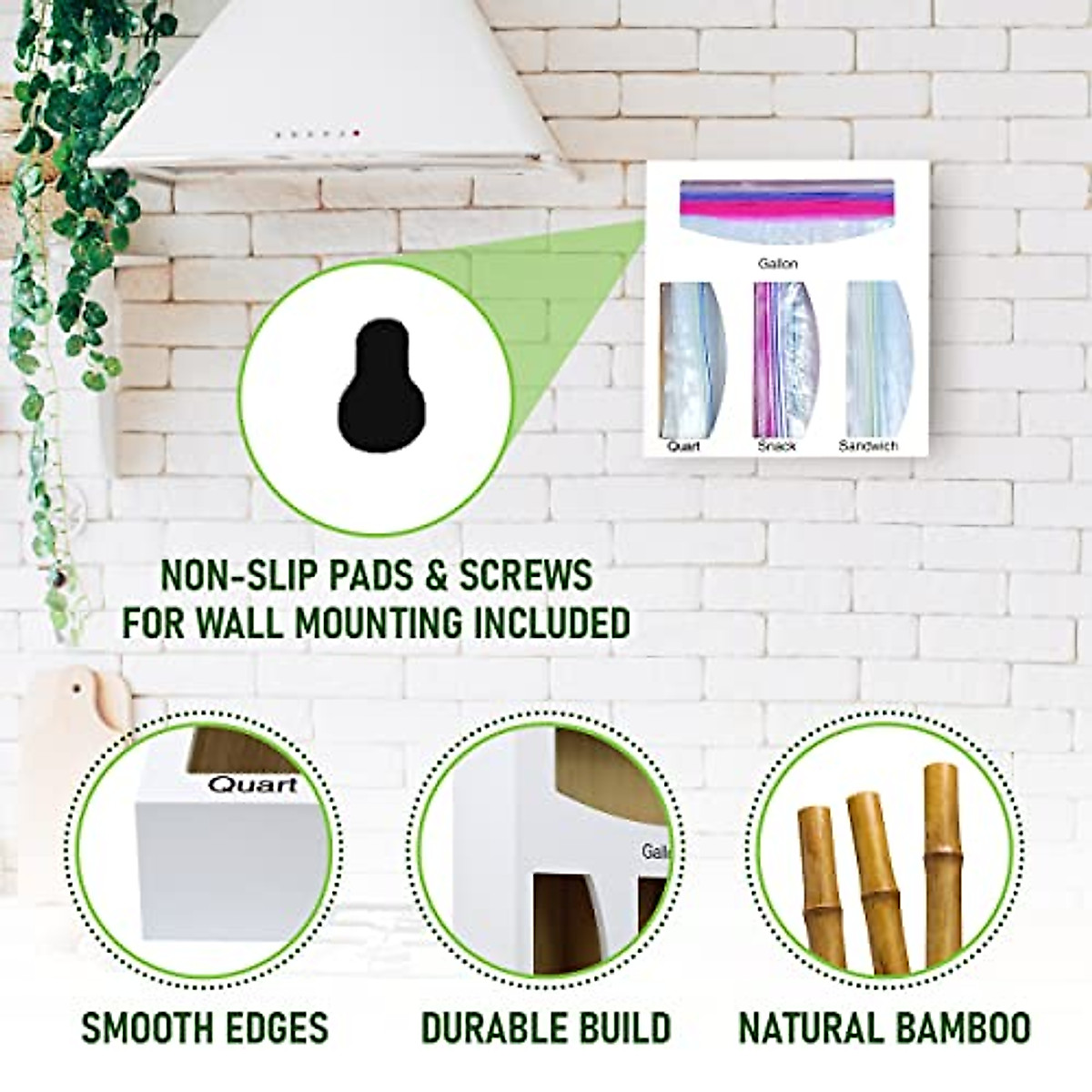 Neat Freak Baggie Organizer Dispenser – 4-in-1 Ziploc Bag Storage Organizer for Drawer – Bamboo Baggie Organizer For Wall– Ziploc Bag Organizer for Quart, Snack, Gallon, Sandwich - White Color.