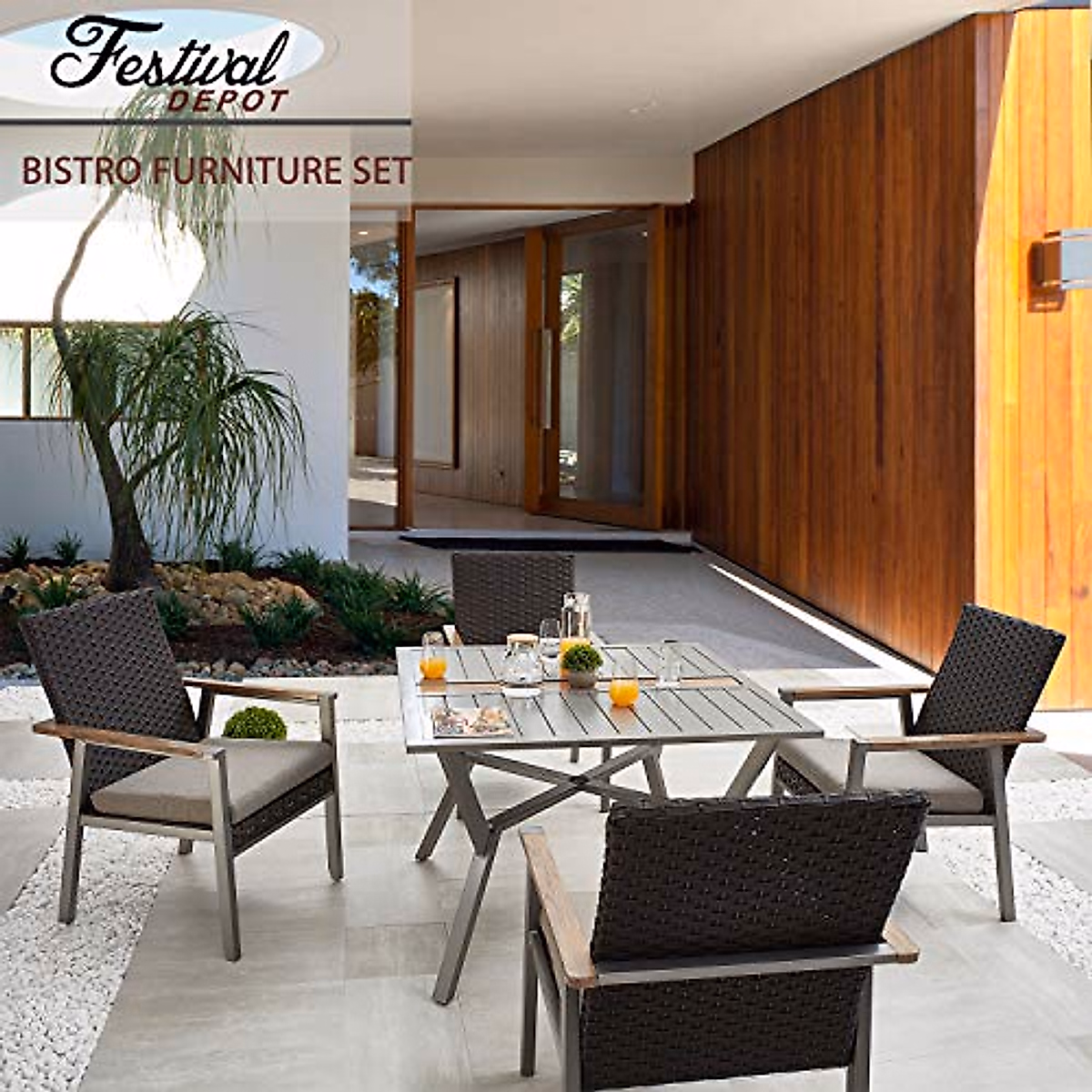 Festival Depot 5 Pcs Patio Set Square Dining Table with 2.16" Umbrella Hole and 4 Rattan Wicker Chairs with Seat Cushions in Metal Frame Outdoor Furniture for Porch Lawn Poolside Backyard, Dark Grey
