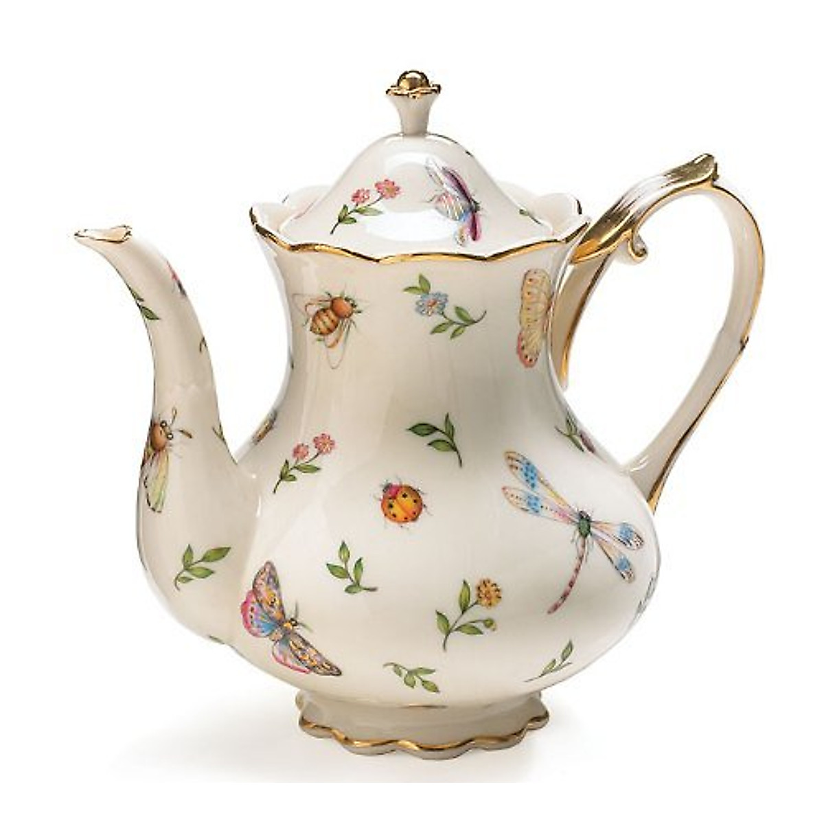 Porcelain Butterfly & Dragonfly Teapot Trimmed In Gold
