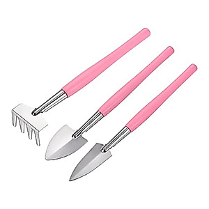 MECCANIXITY Gardening Tools 3 Pack Iron Spade Rake Transplanting Plants Care Digging Kits, Pink