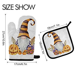 Thanksgiving Gnome Cute Oven Mitts & Pot Holders 2pcs Autumn Pumpkin Harvest Kitchen Heat Resistant Non-Slip Potholders Set for Cooking Baking BBQ
