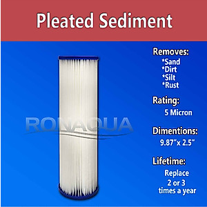 Ronaqua 6 Pleated Sediment Water Filter Cartridge 9.87”x 2.5” Amplified Surface Area, Removes Sand, Dirt, Rust, Extended Filter Life WELL-MATCHED with WHKF-WHPL, 801-50, WB-50W, WFPFC3002, SPC-25-1050