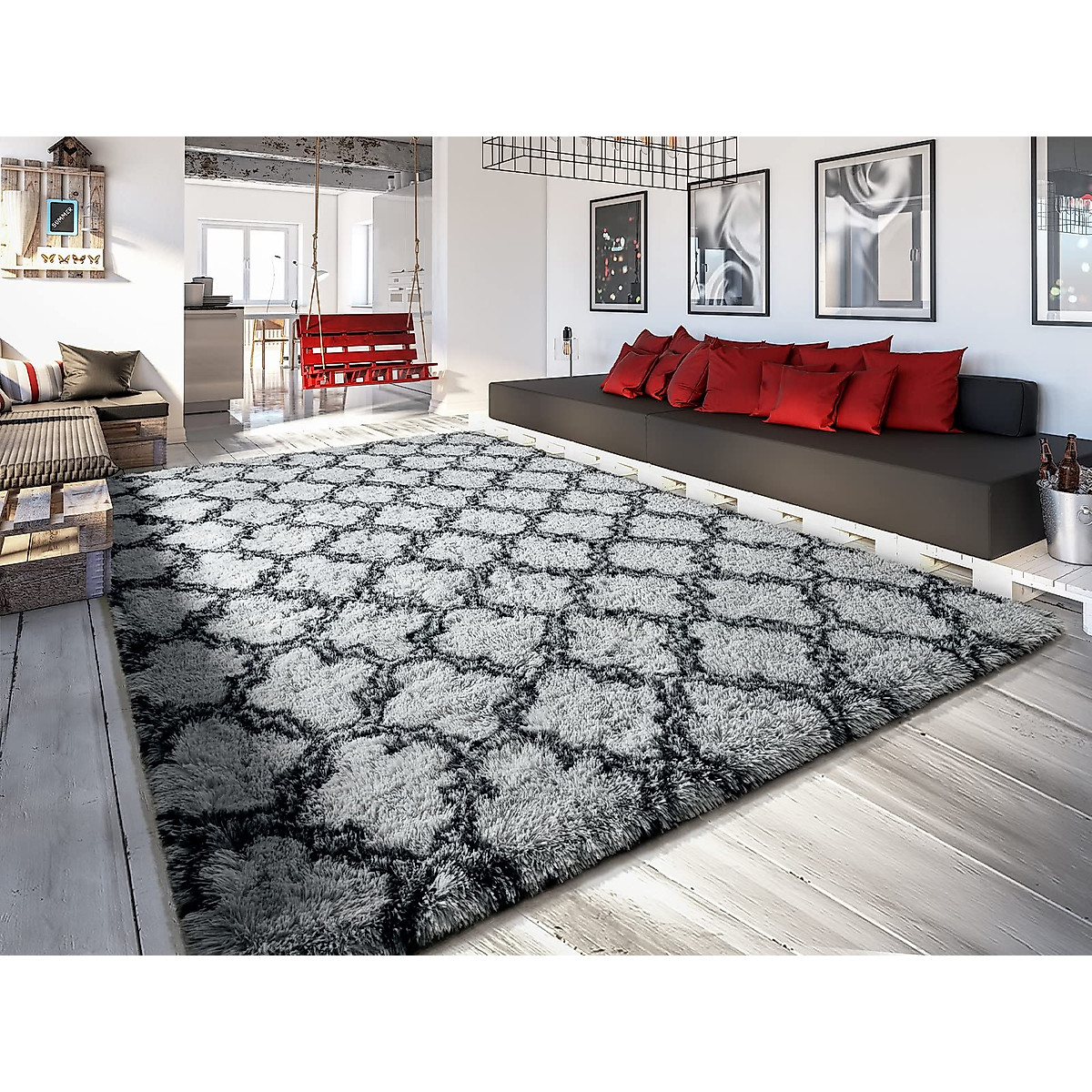 Keeko 6x9 Large Living Room Area Rug, Beige and Brown Fluffy Fuzzy Rug Rugs for Living Room Bedroom Modern Indoor Carpet Geometric Shaggy Area Rug for Nursery Kids Farmhouse Dorm Classroom Decor