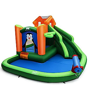 HONEY JOY Inflatable Water Slide Bounce House, 6 in 1 Outdoor Bouncy Water Park w/Splash Pool, Slide & Cannon, Climbing Wall, Penguin Blow Up Water Slides for Kids Backyard(with 735w Blower)