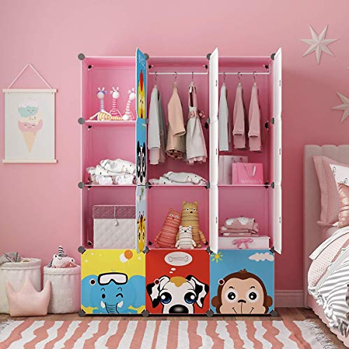 MAGINELS Children Wardrobe Kid Dresser Cute Baby Portable Closet Bedroom Armoire Clothes Hanging Storage Rack Cube Organizer,(Pink, 8 Cube & 2 Rod)