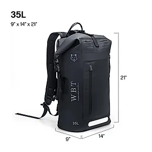 Water Bear Tactical Waterproof Backpack: Black 35L Rugged Roll-Top Closure with Waterproof Zipper front pocket and Cushioned Padded Back.