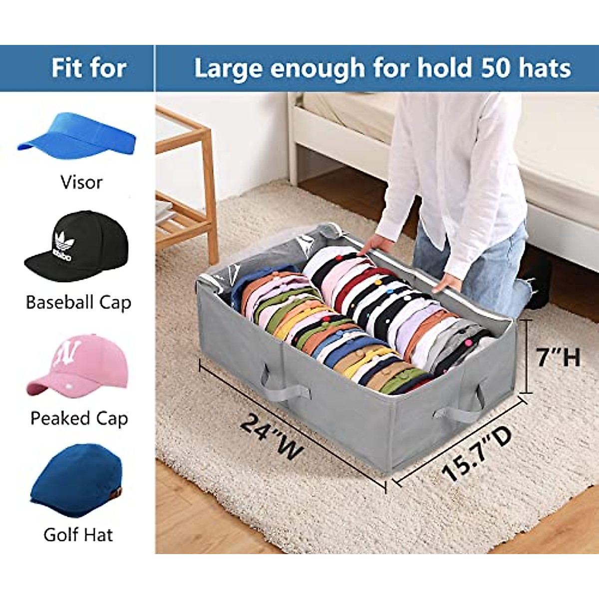 AOODA Large Hat Storage Box for Baseball Caps Organizer, Holds Up to 50 Caps Wide Hat Organizer for Closet with Cardboard, Under Bed Hat Holder, Grey