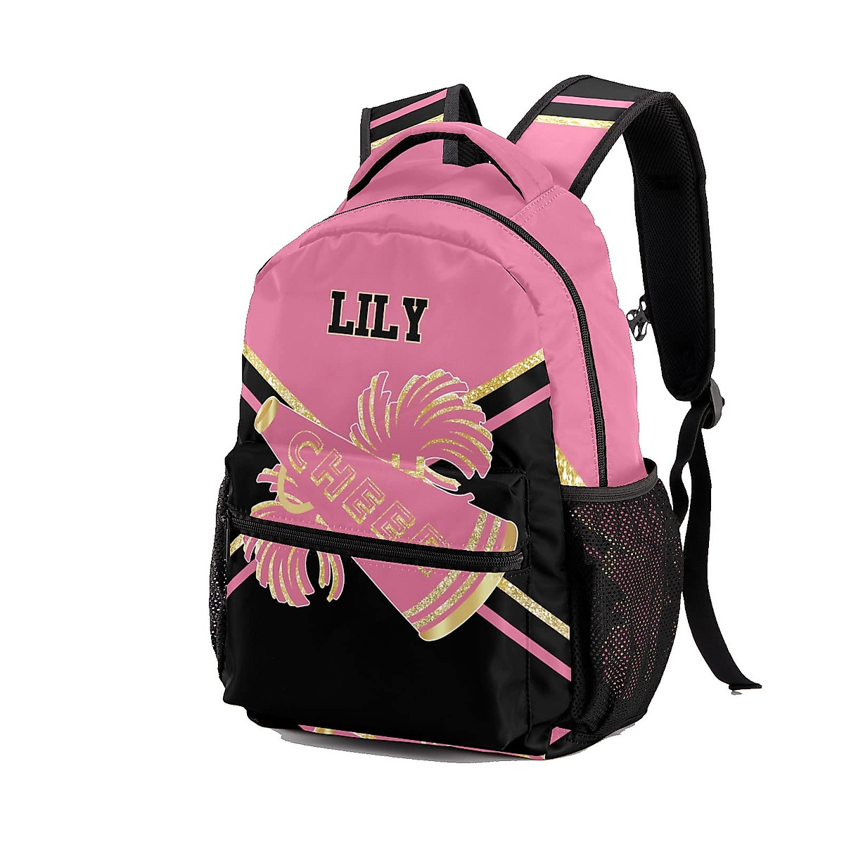 BigBigift Personalized Cheer Pink Black Cheerleaders Waterproof Backpack with Name Text for Women Men Gift, 12.2(L)x5.9(W)x16.5(H)inch
