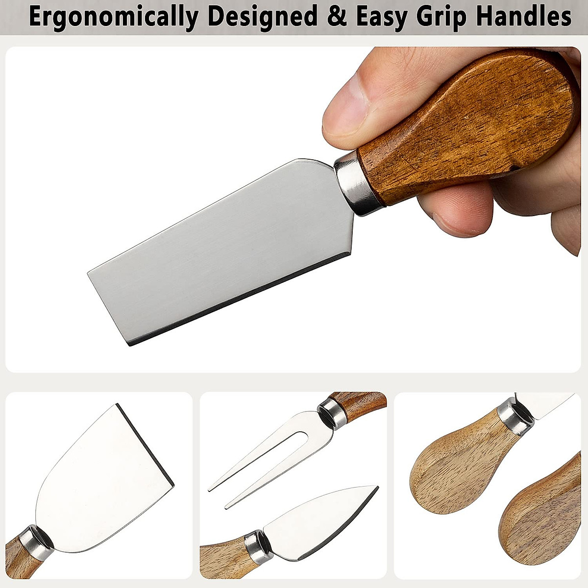 4-Piece Cheese Knife Set Butter Spreader Knives for Charcuterie Board, Acacia Wooden Handle Stainless Steel Cheese Knives with Cheese Slicer Cheese Cutter Cheese Shaver Cheese Fork