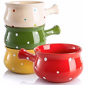 AVLA 4 Pack French Onion Soup Bowls with Handle, 20 Ounce Porcelain Soup Crock, Stackable Serving Bowl Bakeware for Soup, Beef Stew, Cereal, Chill, Microwave and Oven Safe, Polka Dot