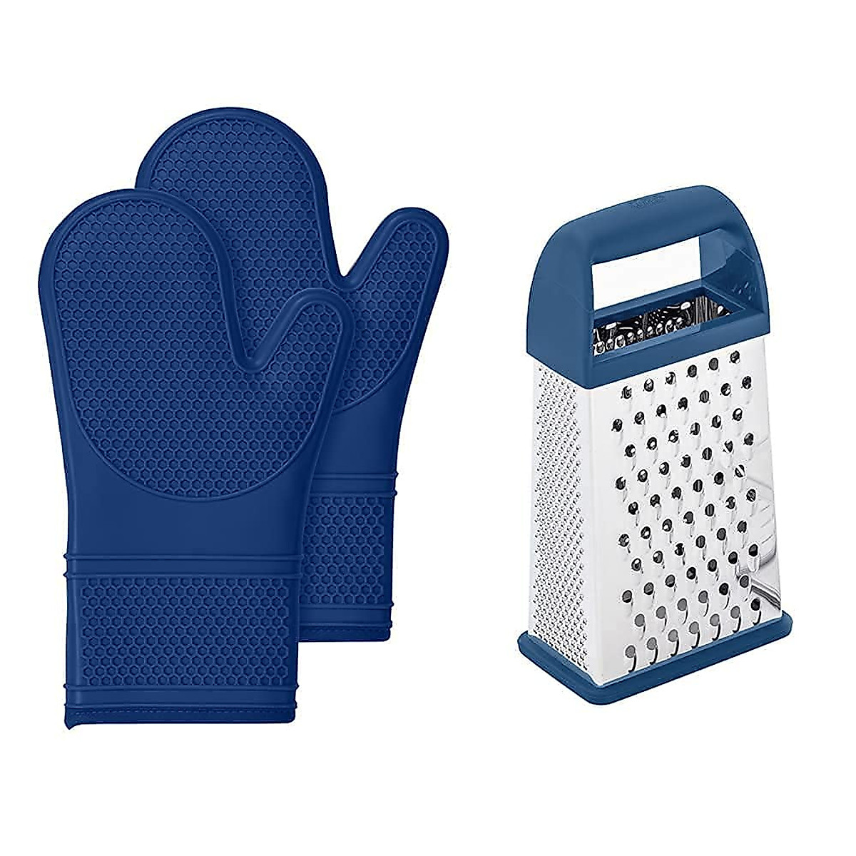 Gorilla Grip Silicone Oven Mitts Set and Box Grater, Both in Blue Color, Oven Mitts are Heat Resistant, Grater is 4-Sided, Includes Detachable Container, 2 Item Bundle
