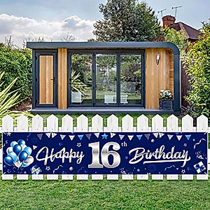 Lnlofen Blue Silve 16th Birthday Banner Decorations, Happy 16 Birthday Yard Banner Sign for Boys, Sweet 16 Year Old Birthday Background Décor for Indoor Outdoor