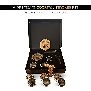 NORDIQAL Cocktail Smoker Kit with Torch, 6 Wood Chip Flavors for Whiskey and Bourbon (Butane Not Included) - Distressed Smoke Lid and Premium Packaging, Old Fashioned Whiskey Drink Smoker Infuser Kit