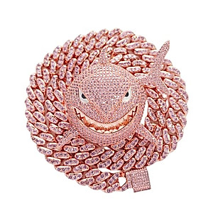 ICEDIAMOND Fancy Pink CZ Diamond Shark Pendant VS 12MM Iced Out Cuban Chain Necklace, 18K Rose Gold Plated L-Size Charm Hip Hop Jewelry for Men Women (Rose,20''Cuban)