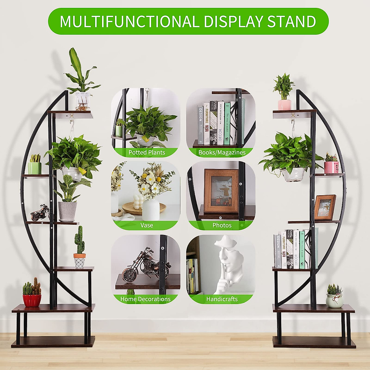 YIFOR 2 PCs 6 Tier Metal Plant Stand, Half Moon Plant Shelf Holder, Indoor Tall Ladder Plant Stand Large Plant Display Stand Rack for Living Room, Balcony, Patio, Garden