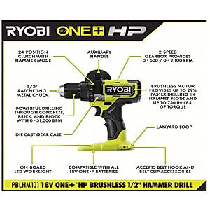 RYOBI ONE+ HP 18V Brushless Cordless 1/2 in. Hammer Drill Kit with (2) 2.0 Ah Batteries, Charger, and Bag (PBLHM101K2)