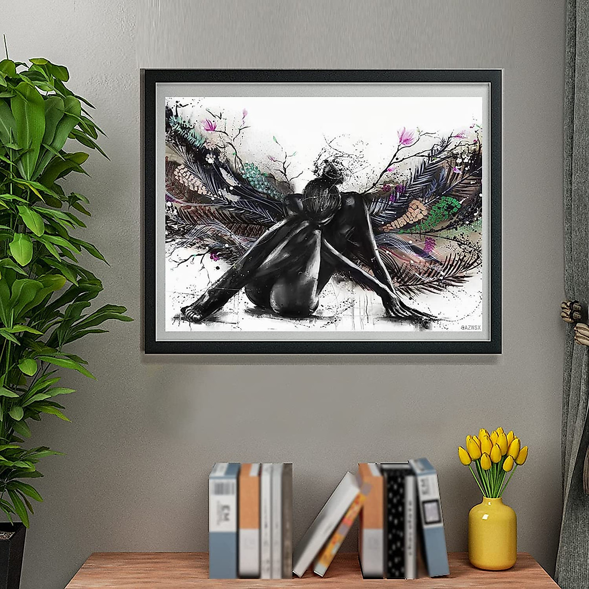 QAZWSX African American Diamond Painting Kits for Adults, Diamond Painting African American Black Art Abstract Black Girl with Angel Wings for Home Wall Decor 30 x 40 cm