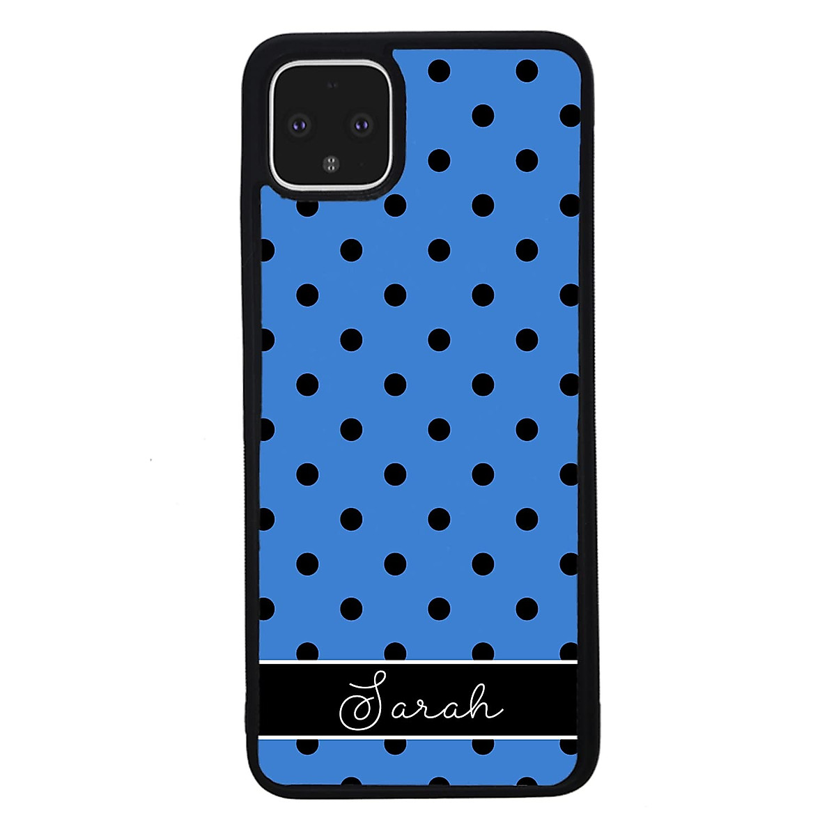 Blue Black White Polka Dot Personalized Black Rubber Phone Case Compatible With Google Pixel 8 Pro, 8a, 8, 7a, 7, Pixel 7 Pro, 6a, Pixel 6 Pro, 6, Pixel 5, 4a 5G, 4a 4G, 4, 4 XL, 3a, 3a XL, 3, 3 XL