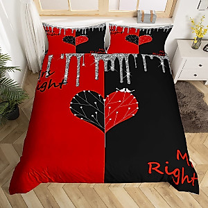 Mr Mrs Duvet Cover Queen Size for Woman Men Lover Couple Valentine Day Home Room Decor,Romantic Wedding Bedding Set 3pcs,Red Black Lovebirds Comforter Cover Modern Glitter Quilt Cover,2 Pillowcases