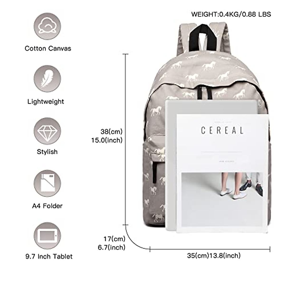 MISS LULU Backpack Horse Print Canvas Backpack Casual Daypack for Girls Boys Teenager