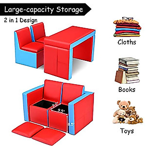 Costzon Kids Couch, 2 in 1 Double Seat Children's Sofa Convert to Table and Two Chairs for School, Storage Space, PVC Surface, Large Soft Kids Preschool Sofa Couch for Boys Girls Gifts (Red)