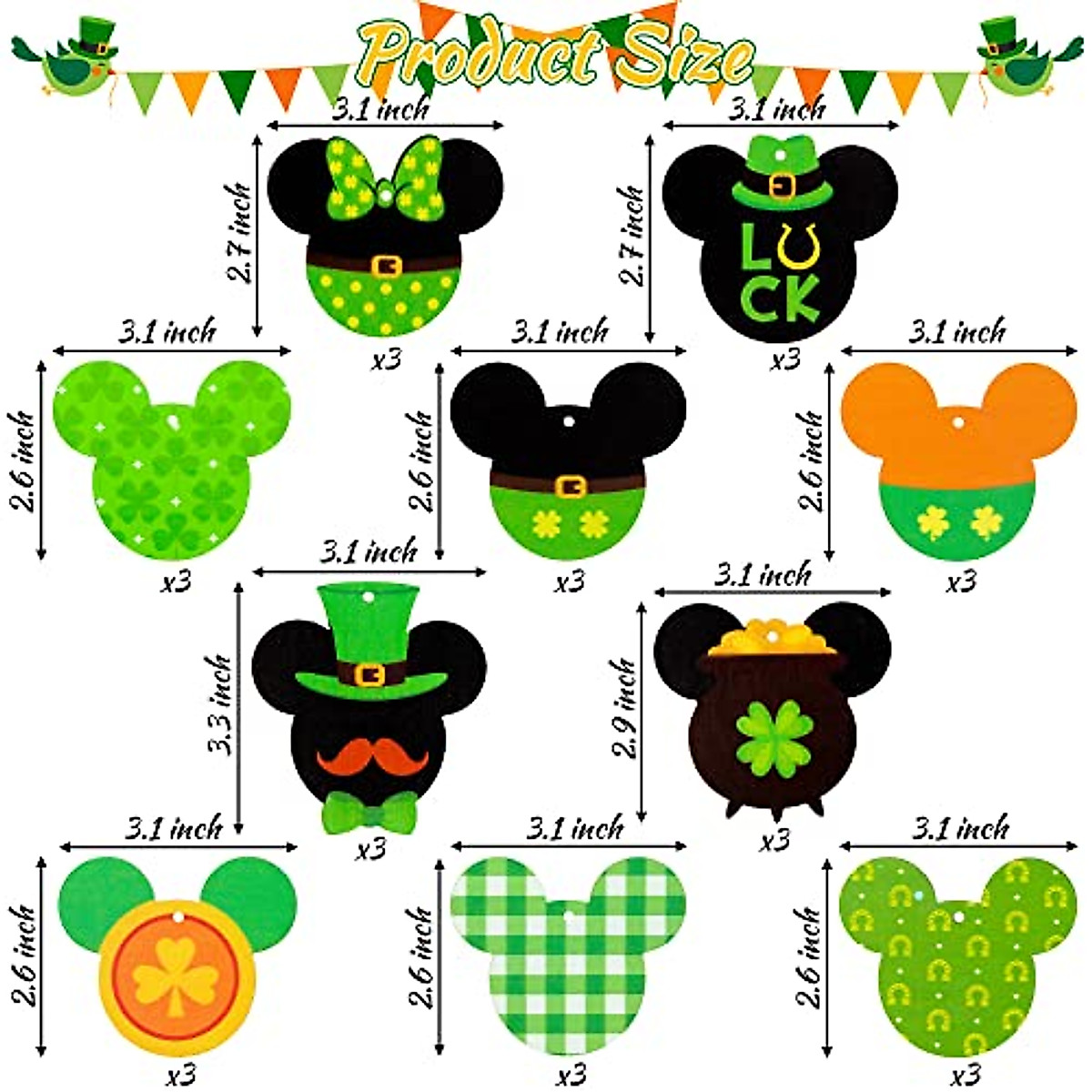30Pcs St. Patrick’s Day Mouse Wood Hanging Ornaments Shamrock Lucky Clover Hanger Bauble Trefoil Pendant with Rope Irish Mouse Decoration Embellishments Gift Tag Crafts Supplies for Party Home Decor