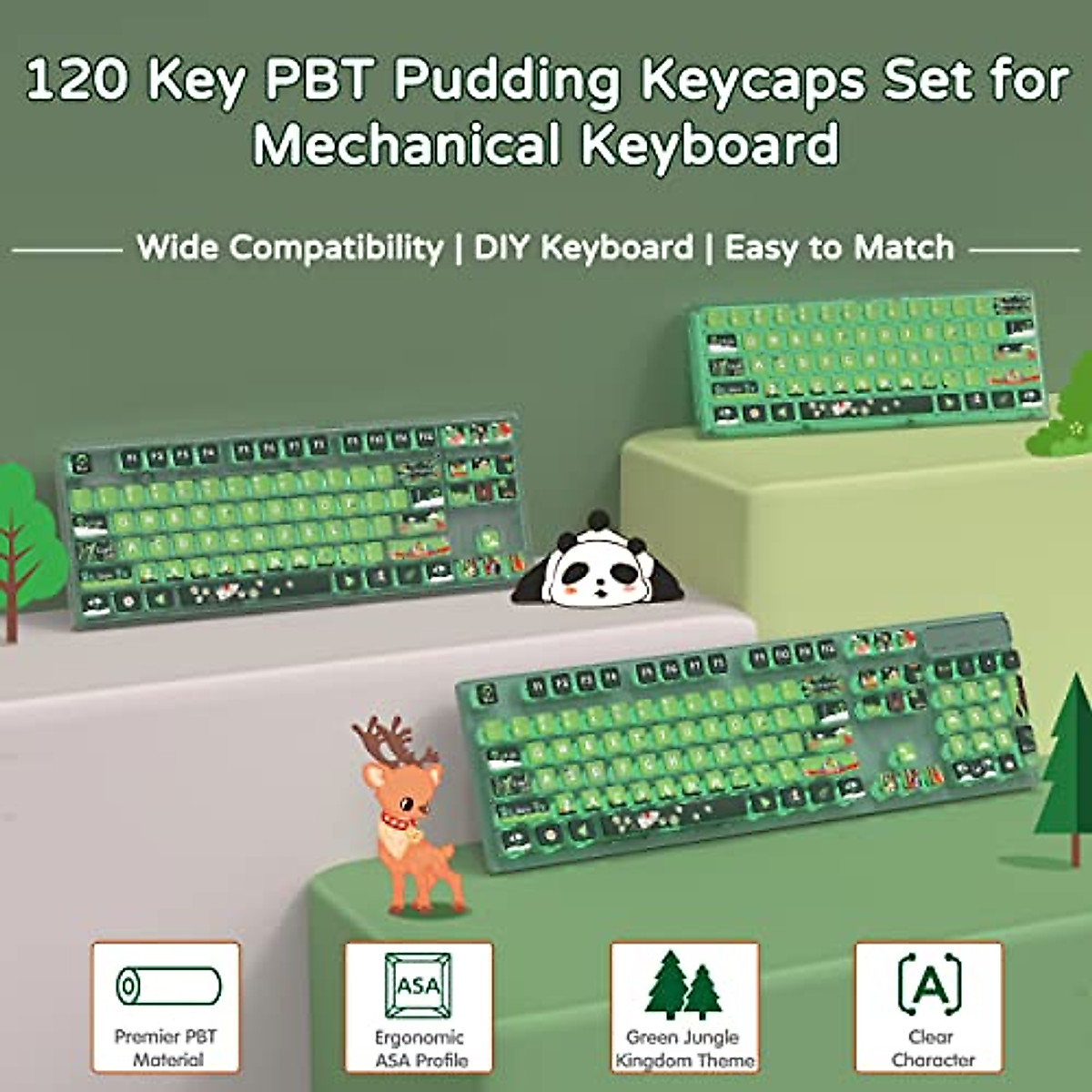 120 Key PBT Pudding Keycap Set ASA Profile with Transluscent PC Layer Dye-Sub Jungle Theme for 61/68/84/98/100/104Key TKL Cherry MX Gateron Kailh Cross Type Switch ANSI Mechanical Keyboard DIY(Green)