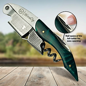 WineOp Professional Wine Key - Luxury Double Hinged Waiter's Corkscrew Wine Bottle Opener, Cork screwer for Sommeliers, Bartenders, Servers, All-In-One Stainless Steel (Green Jade Resin)
