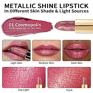 Oulac Pink Lipstick for Women with Metallic 3D Shine Lightweight Hydrating Formula, High Impact Lip Color, Vegan Beauty, Full Coverage Lip Makeup, Cosmopolis(01)