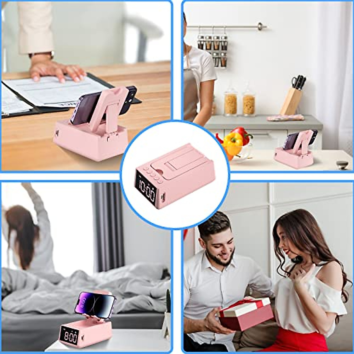 Deeyaple 3 in 1 Wireless Bluetooth Speaker with Loud Alarm Clock Cell Phone Stand TF Card Reader 12H Display Mic HD Surround Sound Kitchen Bedroom Office Cell Phone＆Tablet (Pink)