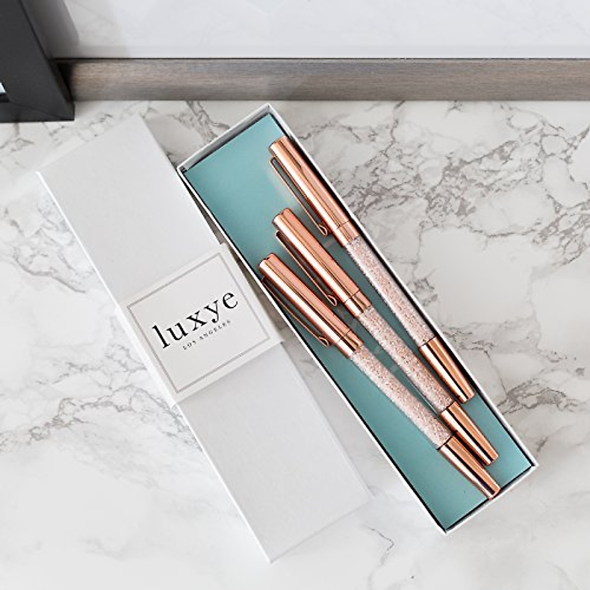 luxye Crystal Pen - 3 Pcs Rose Gold Crystal Gel Pens with Cap in Glossy White Gift Box | Rose Gold Pen Office Supplies Gifts for Women, Bridesmaids, Birthday, Coworkers, Wedding (Rose - Black Ink)
