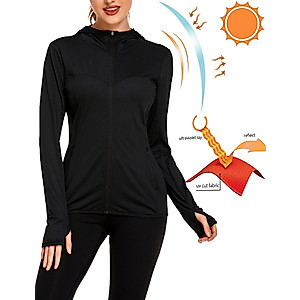 COOrun Women's UPF 50+ Sun Protection Hoodie Jacket Lightweight Full Zip Running Jacket Athletic Jacket with Thumb Holes Black M