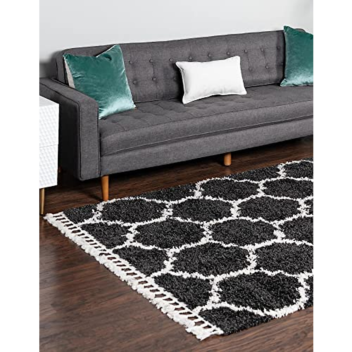 Unique Loom Hygge Shag Collection Area Rug - Trellis (9' x 12' Rectangle, Black and White)