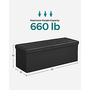 SONGMICS 43 Inches Folding Storage Ottoman Bench, Storage Chest, Footrest, Coffee Table, Padded Seat, Faux Leather, Holds up to 660 lb, Black ULSF701