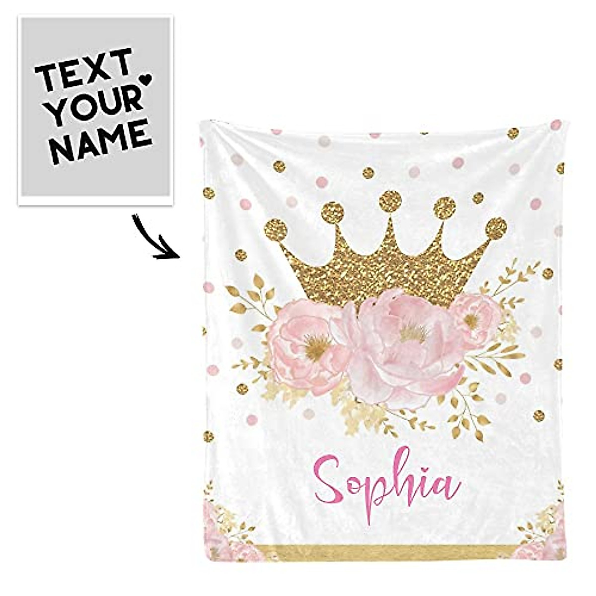 Custom Blanket Personalized Blush Floral Gold Soft Fleece Throw Blanket with Name for Gifts Sofa Bed (50 X 60 inches)