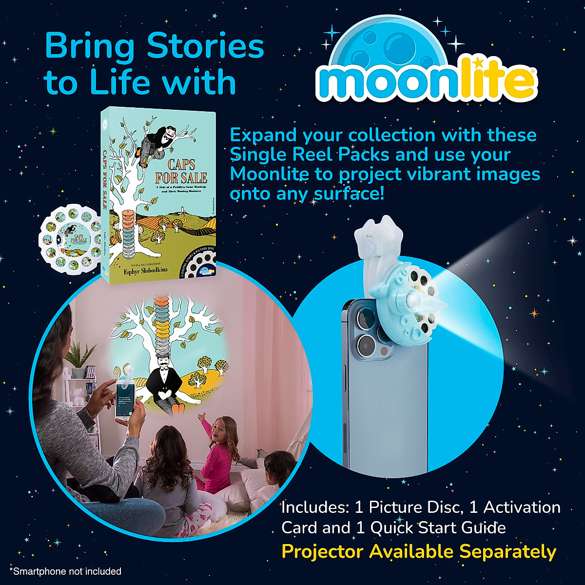 Moonlite Storytime Caps for Sale Storybook Reel, A Magical Way to Read Together, Digital Story for Projector, Fun Sound Effects, Learning Gifts for Kids Ages 1 Year and Up