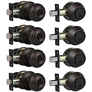 4 Pack Entry Door Knob and Deadbolt Set, Keyed Alike Oil Rubbed Bronze Exterior Door Knob with Single Cylinder Deadbolt Lock Set, Front Door Knob and Deadbolt for Entrance and Office Door