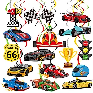 20 Pcs Race Car Hanging Swirl Decorations Racing Birthday Party Decorations Checkered Flags Racing Swirls Ceiling Decor for Boys Let's Go Racing Birthday Party Supplies