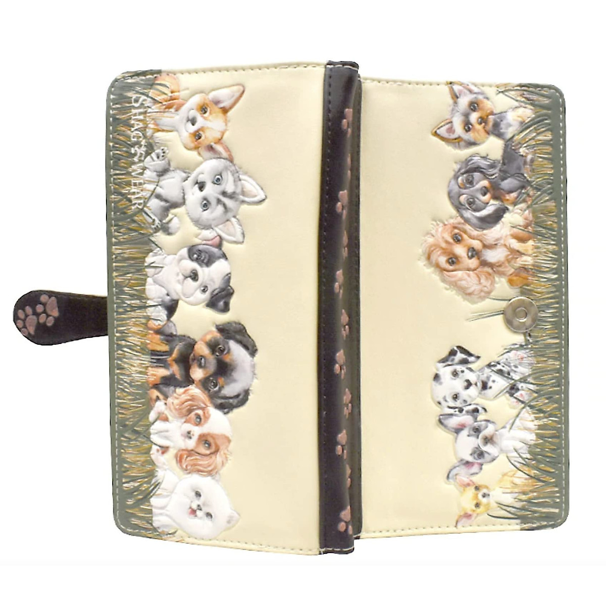 Shag Wear Puppy Dog Love Large Animal Wallet for Women and Teen Girls Vegan Faux Leather Beige 7"