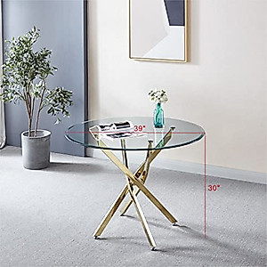 Binrrio 39" Round Dining Table, Modern Clear Beveled Edges Glass Top for 4 with Adjustable Stainless Steel Legs for Home Office Kitchen Dining Room (Gold)