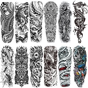 CUTELIILI Full arm temporary tattoo for Men,12sheets (L19“xW7”) Sleeve Tattoos temporary, Fake Tattoos That Look Real and Last long，Tiger Dragon Koi Evil Eyes