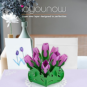 ioyounow Paper Flowers Popup Card - 5x6.75 Inch Pop Up 3D Purple Tulips Greetings Card - Happy Birthday Cards for Sisters – Best Paper Greetings, Thinking of You Gift for Women