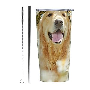 EVANEM 20 Oz Stainless Steel Tumbler With Straw Cleaner Dogs With Flowers Printed Insulated Cup Travel Coffee Mug Vacuum Insulated Tumblers For Home Office