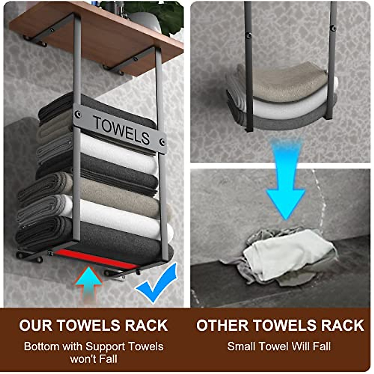 BSSOYAMM Towel Racks for Bathroom Wall Mounted, Metal Towel Holder with Wooden Shelf, Rolled Bath Towel and Hand Towel Storage Organizer for Small Bathroom