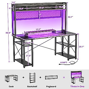 armocity 2024 Upgrade Gaming Desk with Hutch, 55.2'' Magic Computer Desk with LED and Outlets, Reversible Workstation Desk with Pegboard, Grey/Black