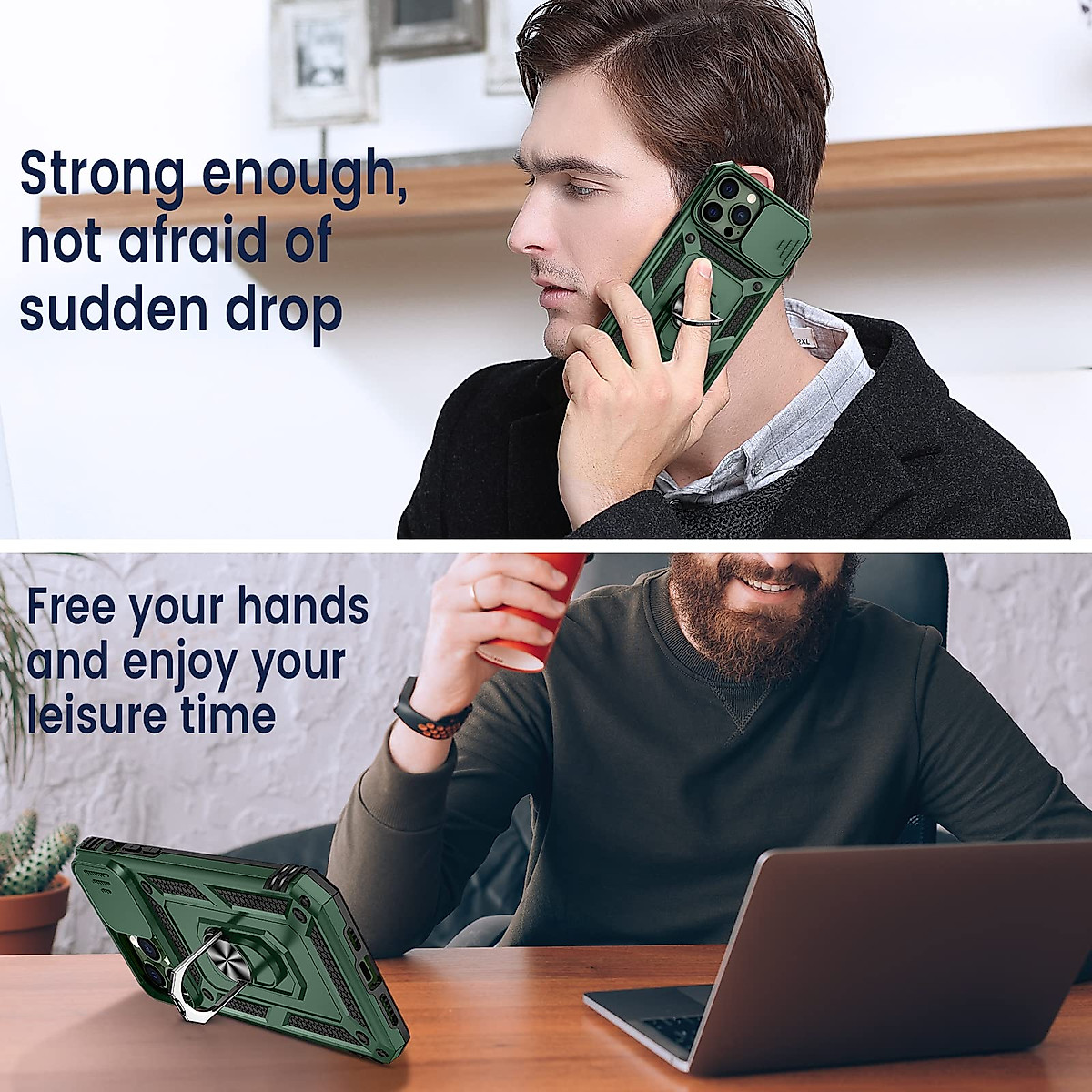 Goton for iPhone 13 Pro Max Case with Slide Camera Cover & 360° Rotate Ring Stand [Military Drop Protection] Shockproof Heavy Duty Protective, Armor Phone Case with Magnetic Car Mount Holder Green