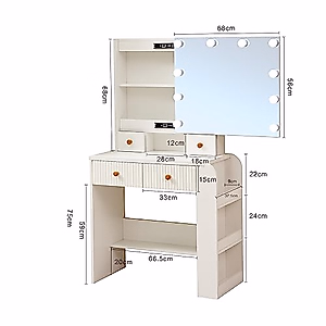 Vanity Desk with Mirror & Light, Large Drawer & Hidden Shelves Storage Dresser, 3 Lighting Modes Adjustable Brightness, Bedroom Dressing Table (White)